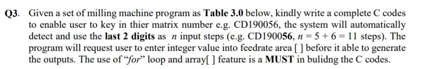 Solved Q3. Given a set of milling machine program as Table | Chegg.com