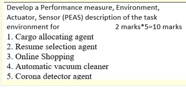 Solved Develop a Performance measure, Environment, Actuator, | Chegg.com