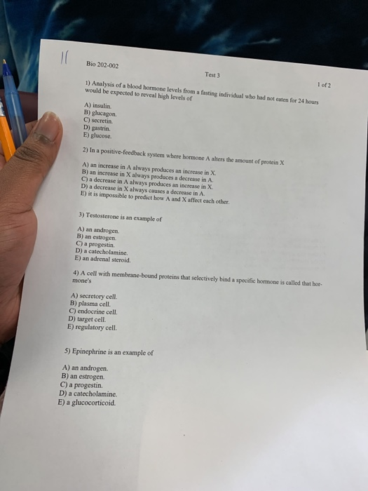 Solved Bio 202-002 Test 3 1 of 2 1) Analysis of a blood | Chegg.com