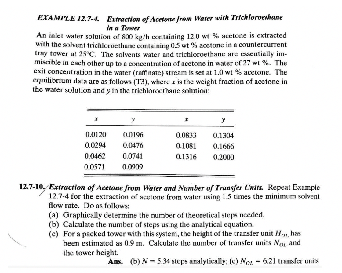 EXAMPLE 12.7-4. Extraction of Acetone from Water with | Chegg.com
