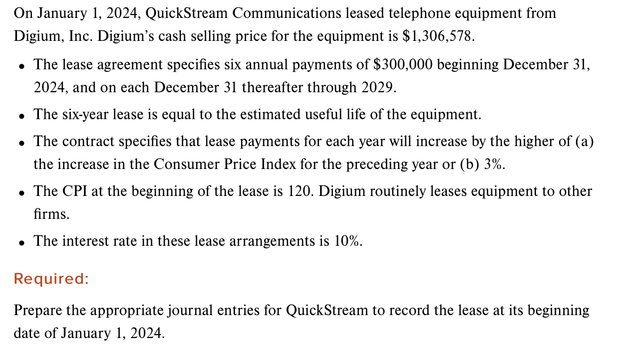 Solved On January 1, 2024, QuickStream Communications leased | Chegg.com