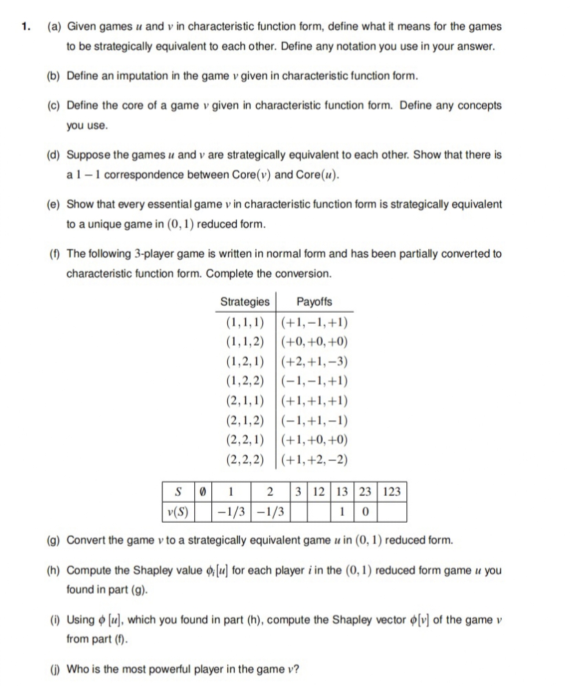 Solved (a) Given games u and v in characteristic function | Chegg.com