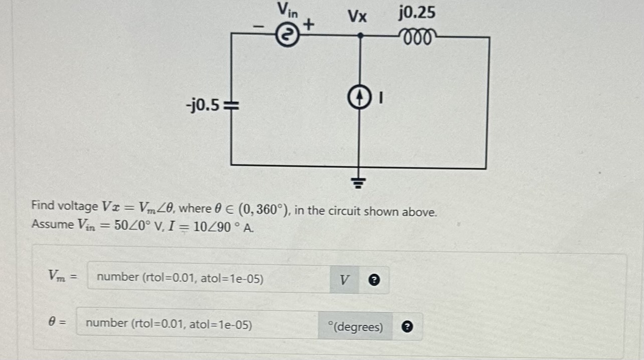 Solved Find voltage Vx=Vm∠θ, where θ∈(0,360∘), in the | Chegg.com
