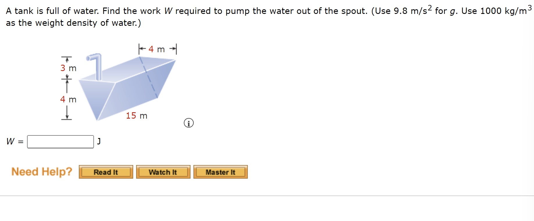 Solved A tank is full of water. Find the work W required to | Chegg.com