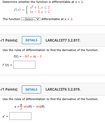 Solved Determine whether the function is differentiable at x | Chegg.com
