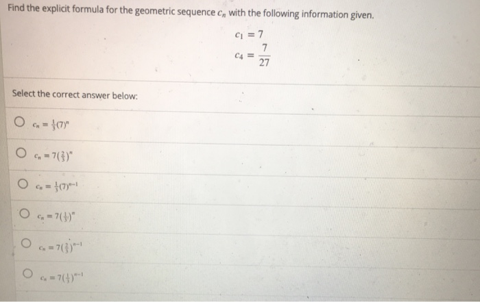 Solved Find the explicit formula for the geometric sequence | Chegg.com