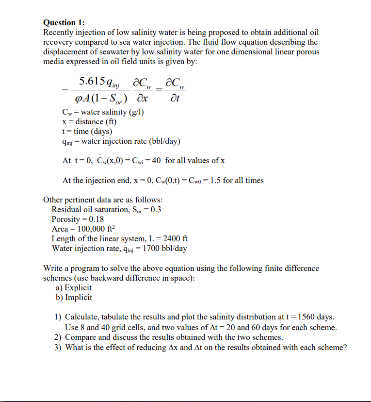 Solved Question 1:Recently injection of low salinity water | Chegg.com