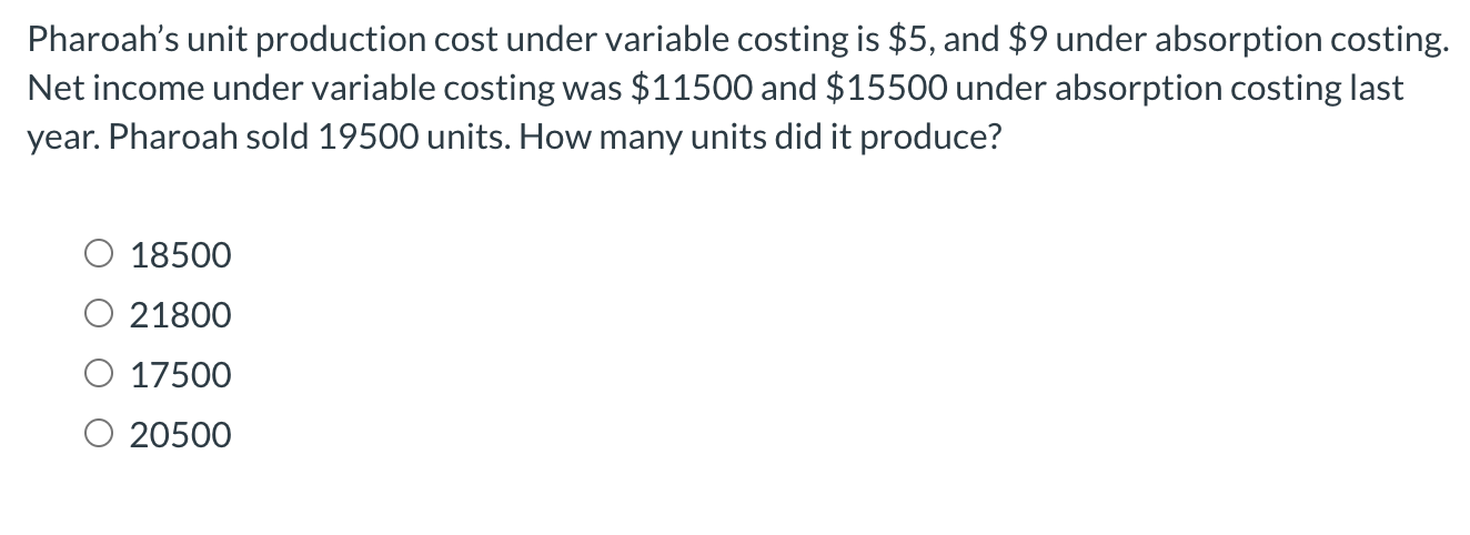 Solved Pharoah's unit production cost under variable costing | Chegg.com