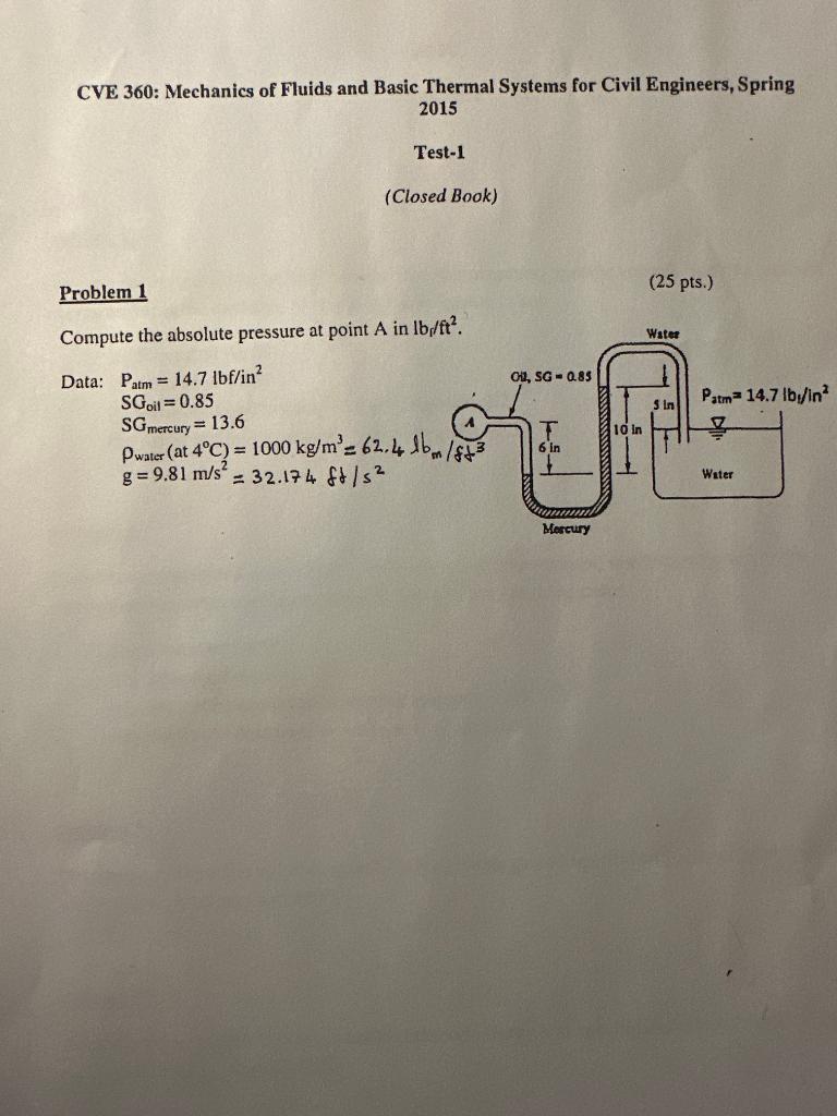 Solved CVE 360: Mechanics of Fluids and Basic Thermal | Chegg.com
