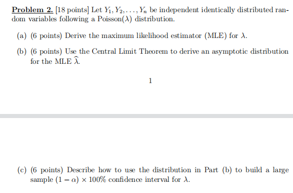 Solved Problem 2. (18 points) Let Yı, Y2...., Yn be | Chegg.com