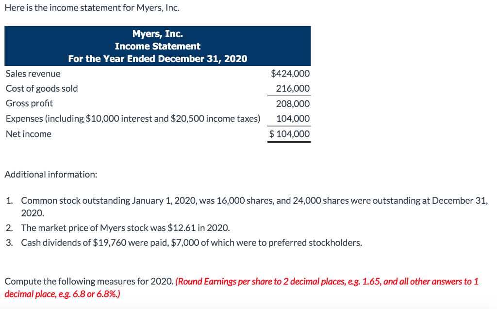 Solved Here is the income statement for Myers, Inc. Myers, | Chegg.com