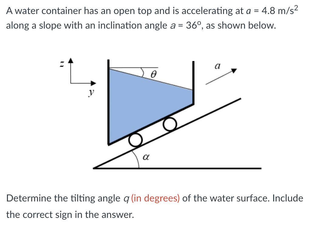 Solved A water container has an open top and is accelerating | Chegg.com