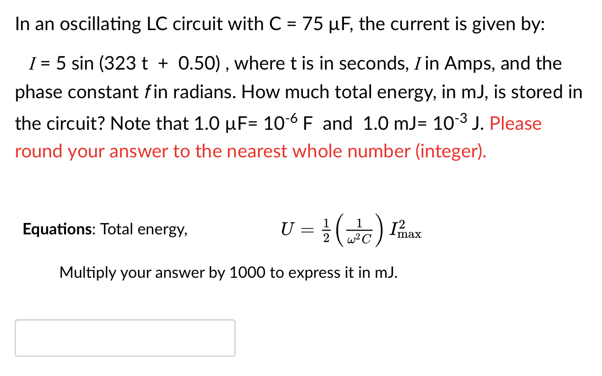 Solved In an oscillating LC circuit with C=75μF, the current | Chegg.com