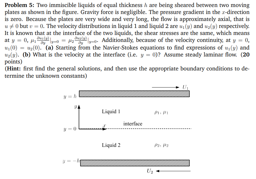Solved at y = 0, Mi Qui(y) Problem 5: Two immiscible liquids | Chegg.com