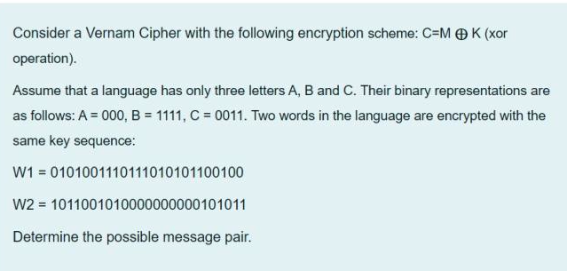 Solved Consider A Vernam Cipher With The Following 