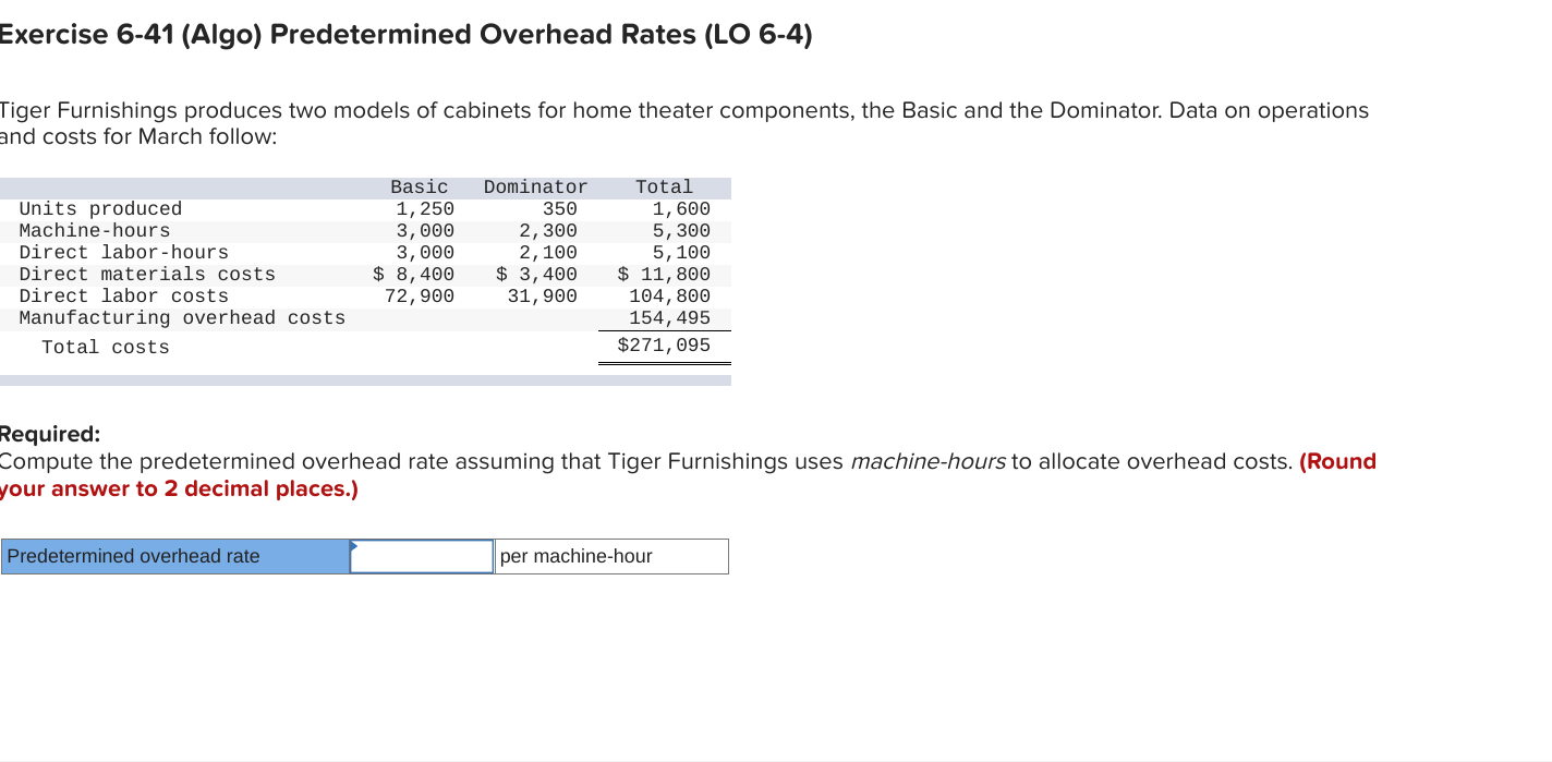 Solved xercise 6-41 (Algo) Predetermined Overhead Rates (LO | Chegg.com Solved xercise 6-41 (Algo) Predetermined Overhead Rates (LO | Chegg.com