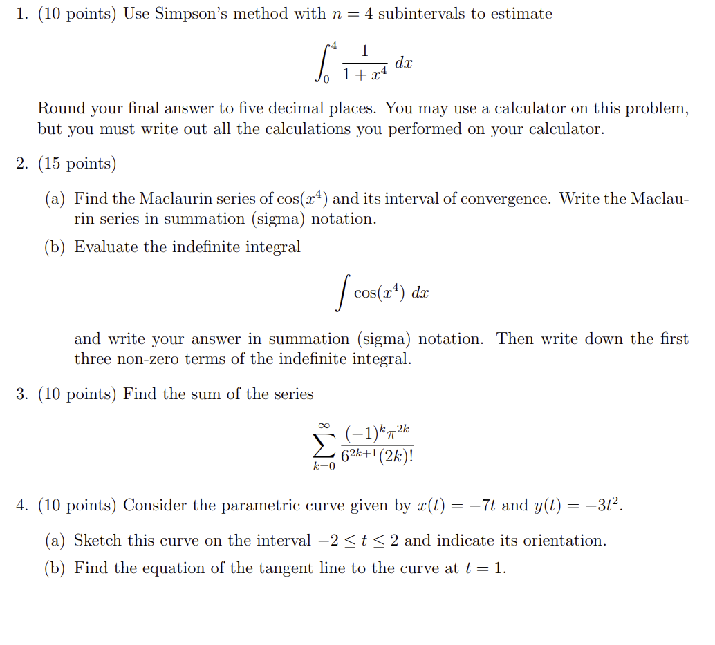 Solved 1. (10 points) Use Simpson's method with n=4 | Chegg.com