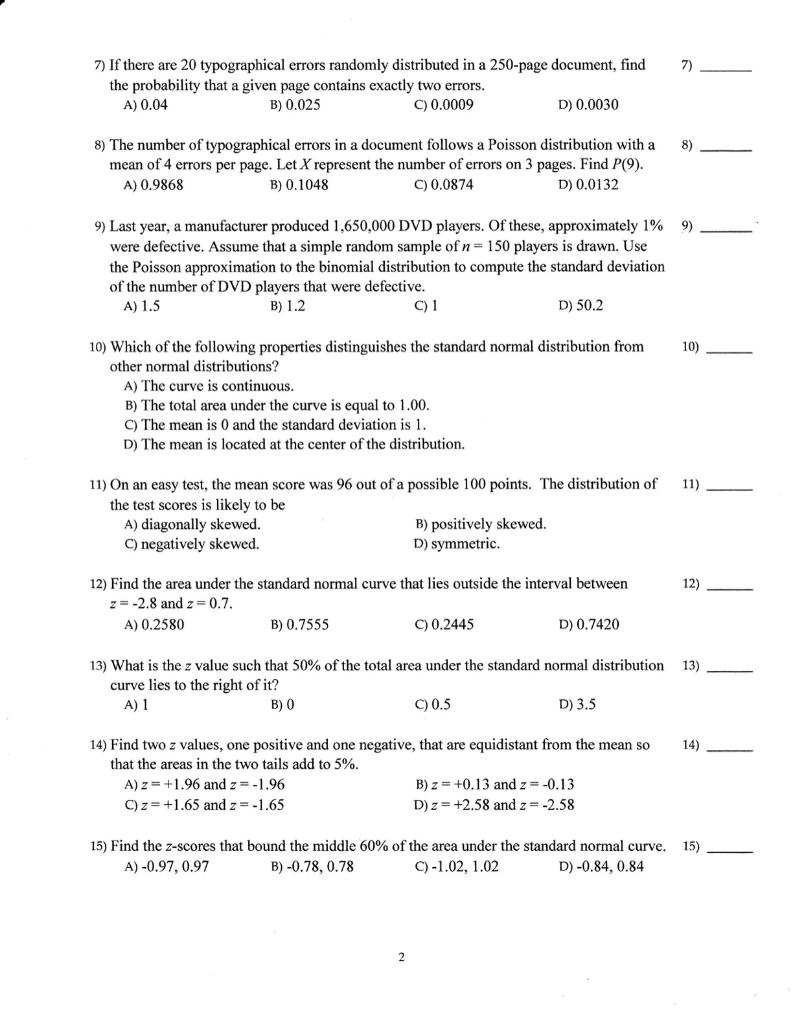 Solved 7) 7) If there are 20 typographical errors randomly | Chegg.com