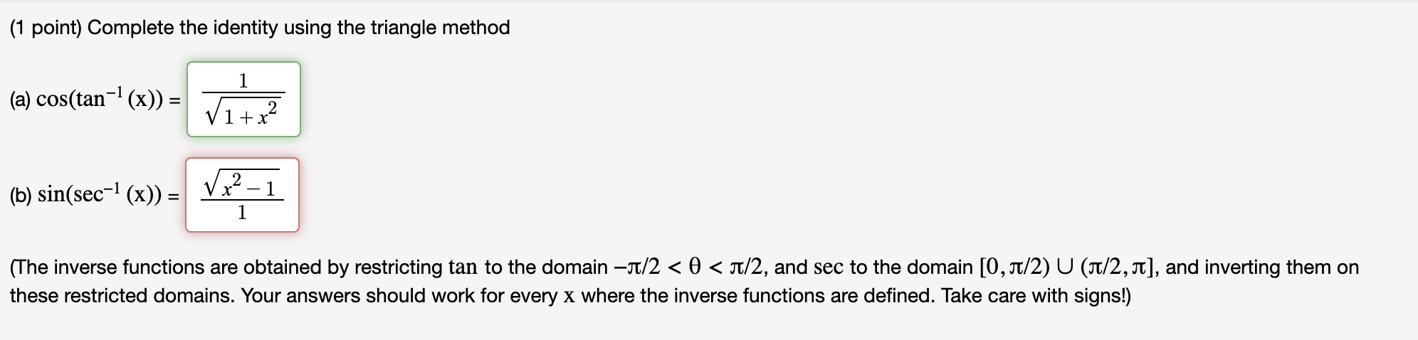 Solved sin(sec−1(x))=(1 ﻿point) ﻿Complete the identity using | Chegg.com