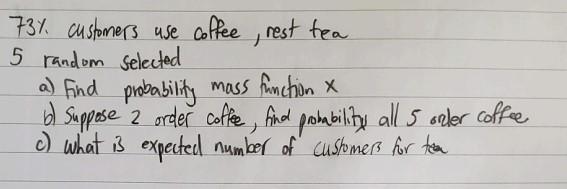 Solved 73\% customers use coffee, rest tea 5 random selected | Chegg.com