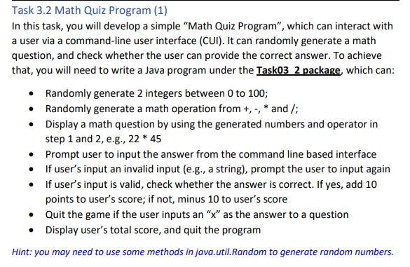 Solved Task 3.2 Math Quiz Program (1) In this task, you will | Chegg.com