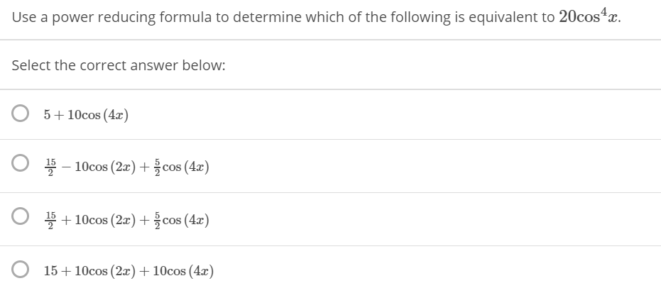 Solved Use a power reducing formula to determine which of | Chegg.com