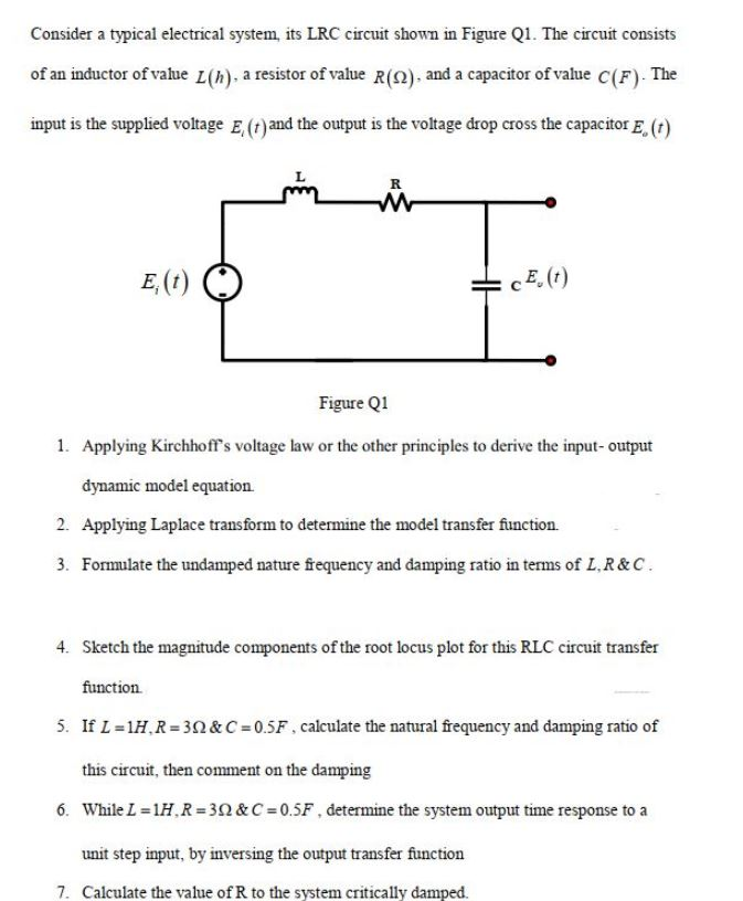Solved Consider a typical electrical system, its LRC circuit | Chegg.com