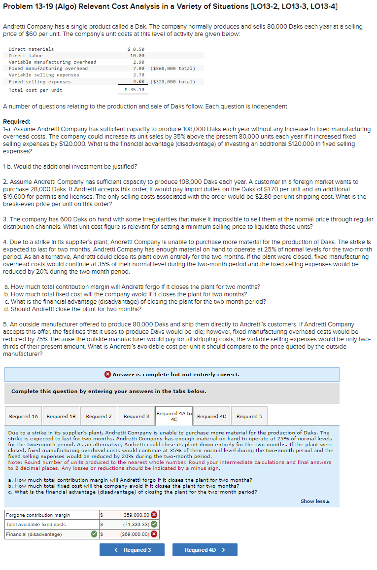 Problem 13-19 (Algo) Relevant Cost Analysis in a | Chegg.com