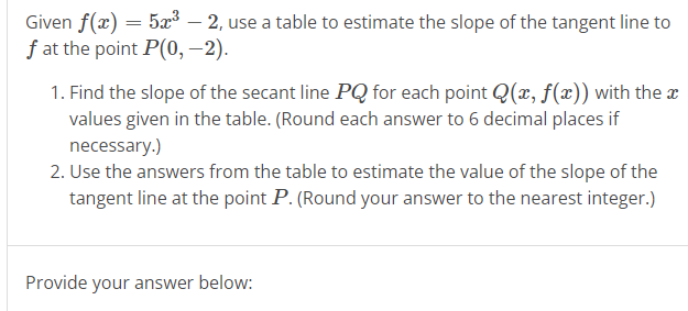 Solved Given f(x)=5x3-2, ﻿use a table to estimate the slope | Chegg.com