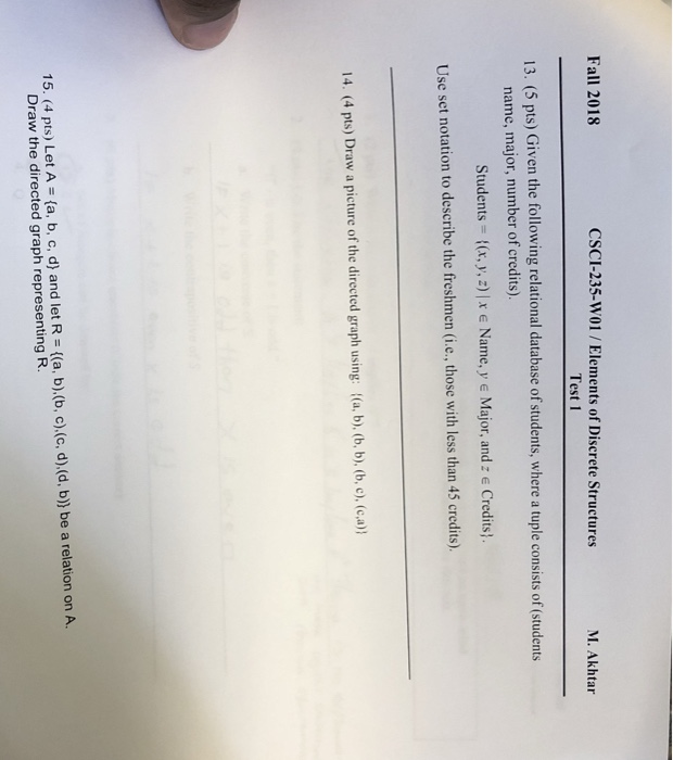 Solved Fall 2018 CSCI-235-W01/Elements of Discrete | Chegg.com