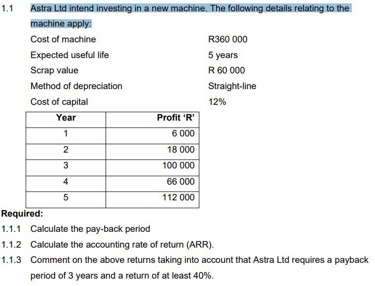 Solved 1.1 Calculate the pay-back period 1.2 Calculate the | Chegg.com