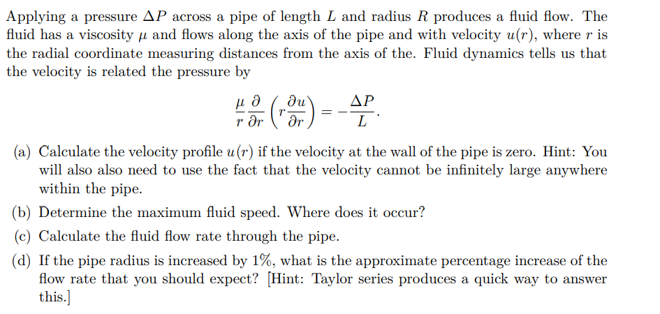 Solved Applying a pressure AP across a pipe of length L and | Chegg.com