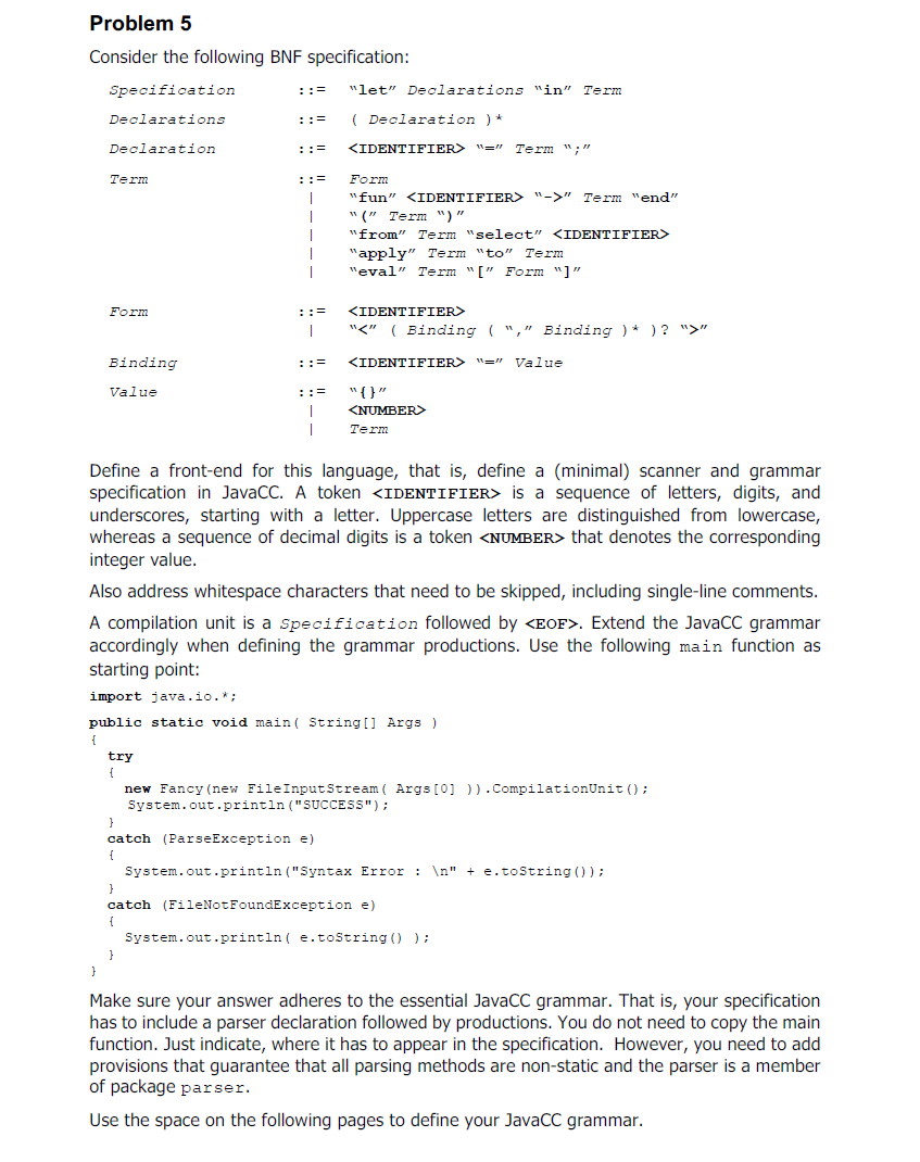 Problem 5 Consider the following BNF specification: | Chegg.com