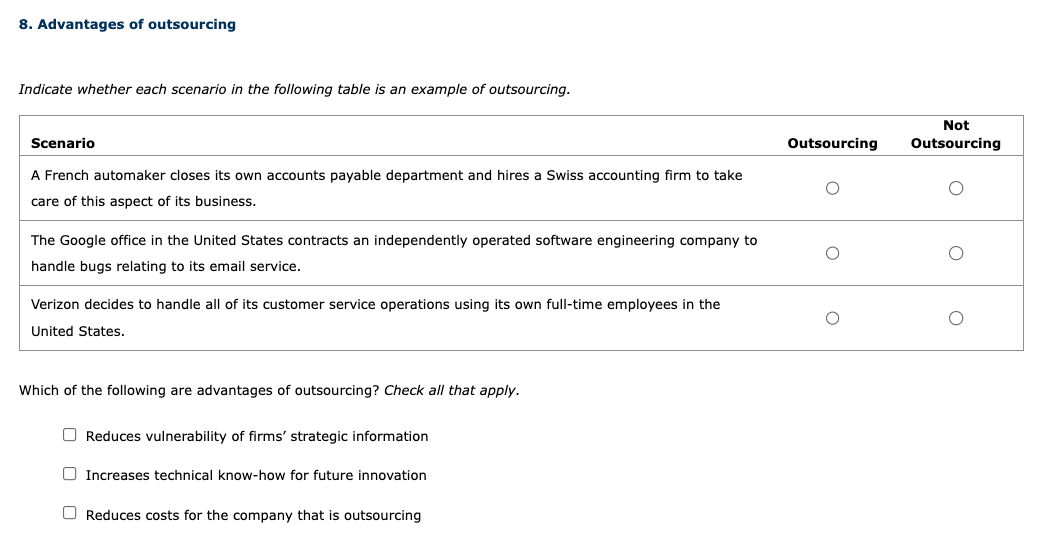 Solved 8. Advantages of outsourcing Indicate whether each | Chegg.com