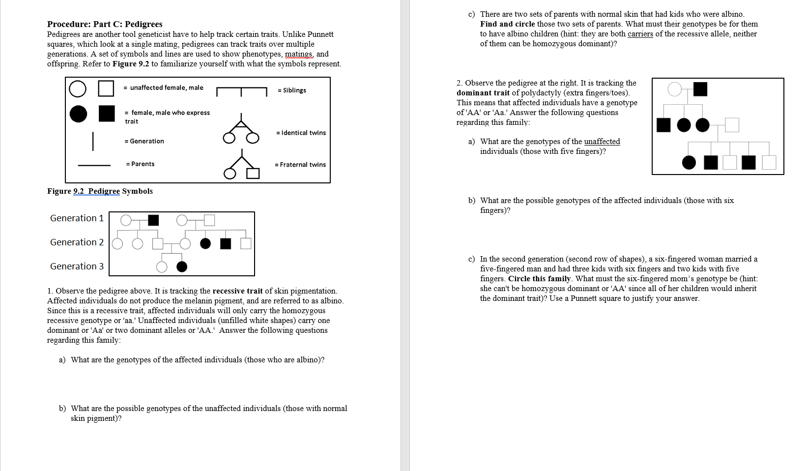 Solved Procedure: Part C: Pedigrees Pedigrees are another | Chegg.com