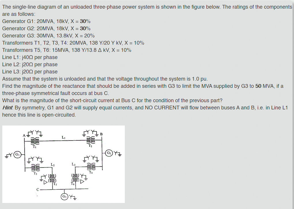 Solved The single-line diagram of an unloaded three-phase | Chegg.com