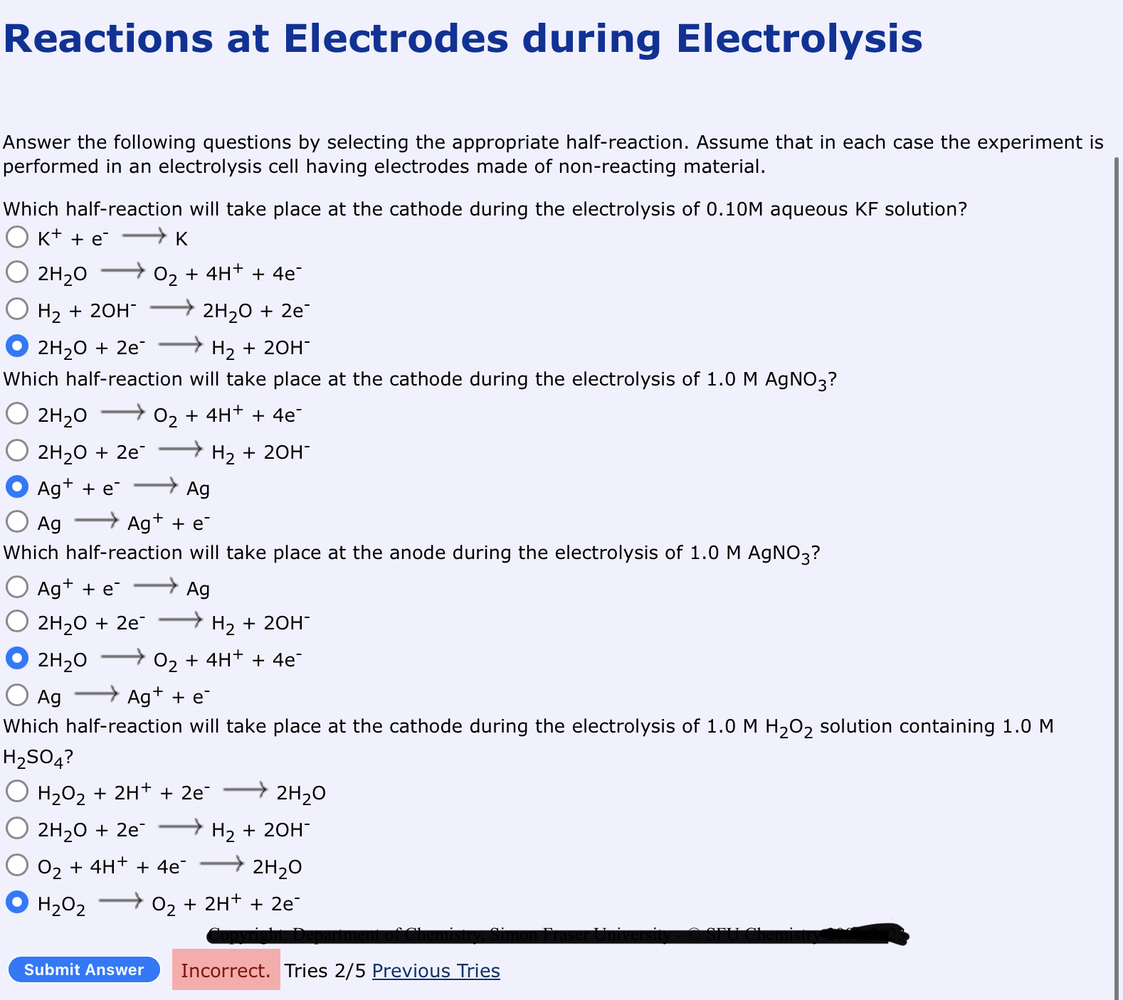 Solved Reactions at Electrodes during Electrolysis Answer | Chegg.com