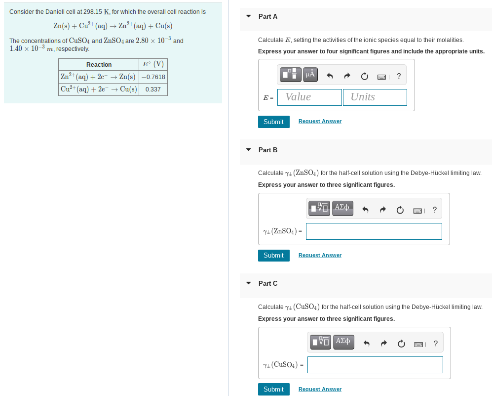 Solved Part A Consider the Daniell cell at 298.15 K, for | Chegg.com
