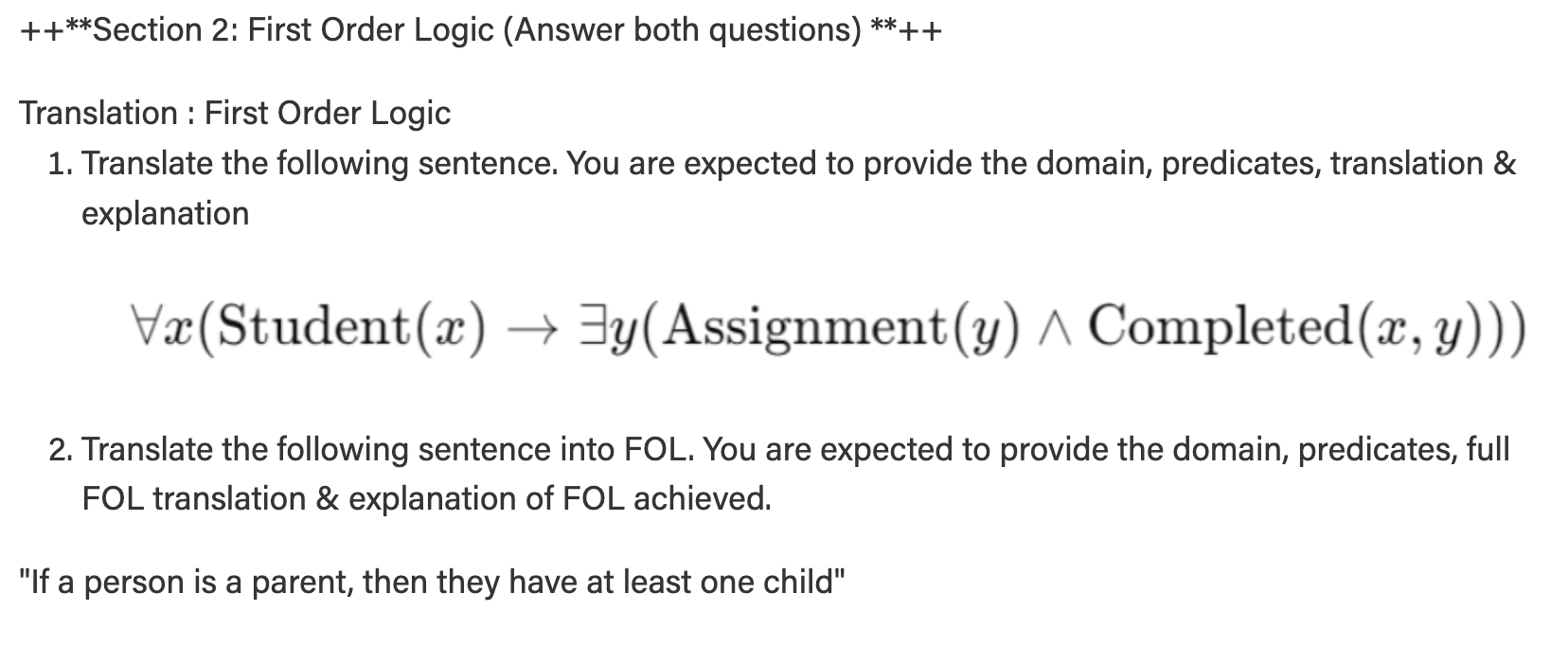 Solved ++?** ﻿Section 2: First Order Logic (Answer both | Chegg.com
