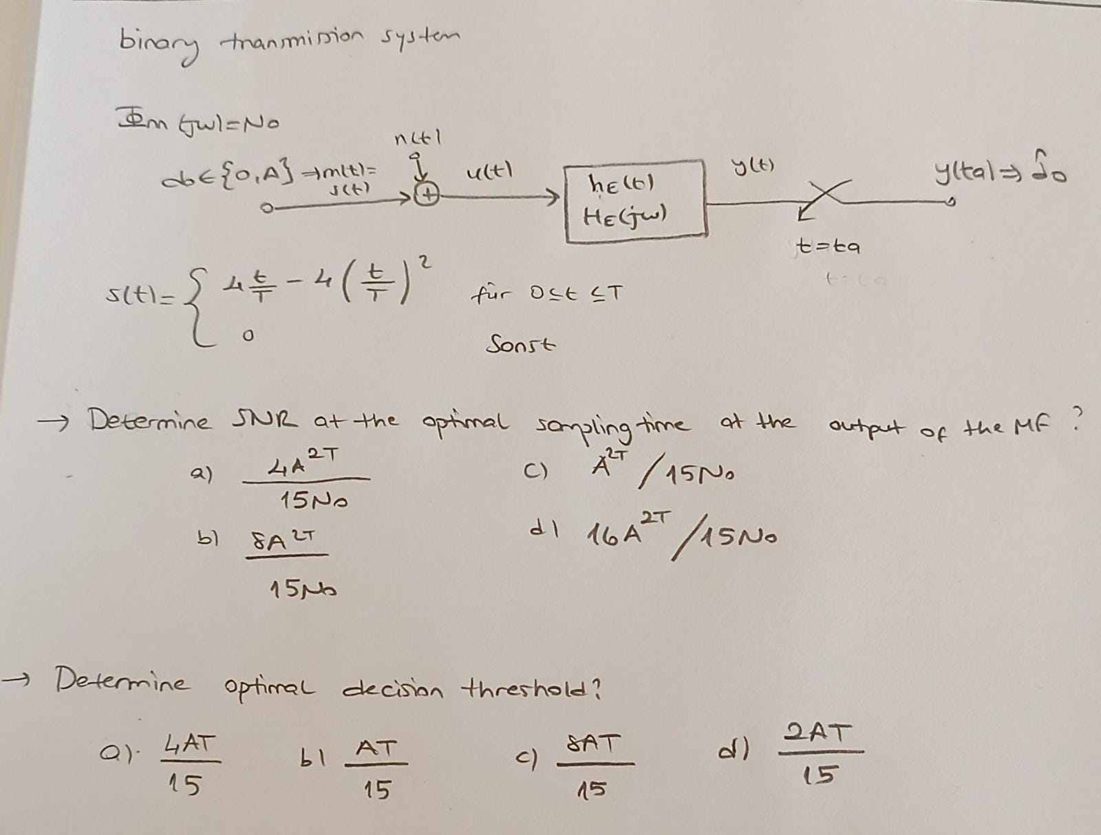 binary tranmision system → Determine SNR at the | Chegg.com