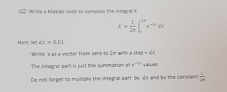 Solved Q2- Write a Matlab code to compute the integral K -2π | Chegg.com