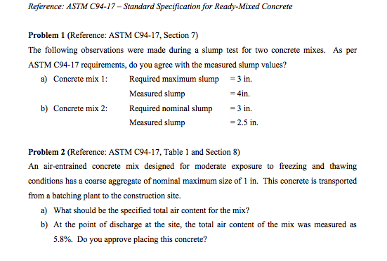 Solved Reference: ASTM C94-17-Standard Specification for | Chegg.com
