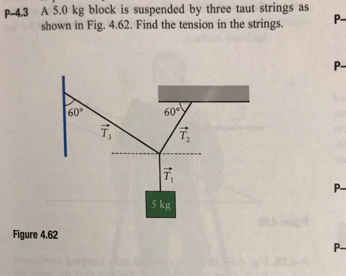 Solved P-4.3 A 5.0 kg block is suspended by three taut | Chegg.com