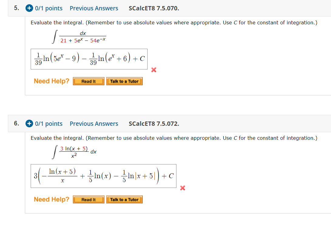 Solved 5. + 0/1 points Previous Answers CalcET8 7.5.070. | Chegg.com
