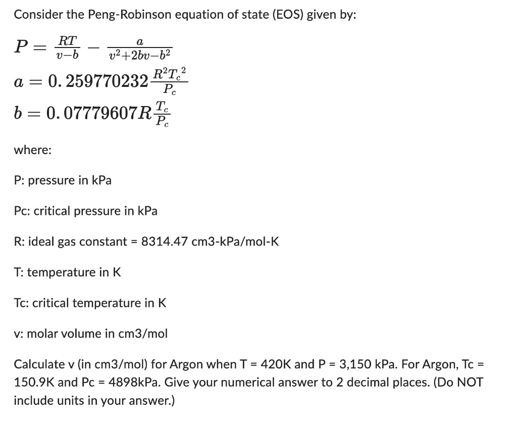 Solved Consider the Peng-Robinson equation of state (EOS) | Chegg.com