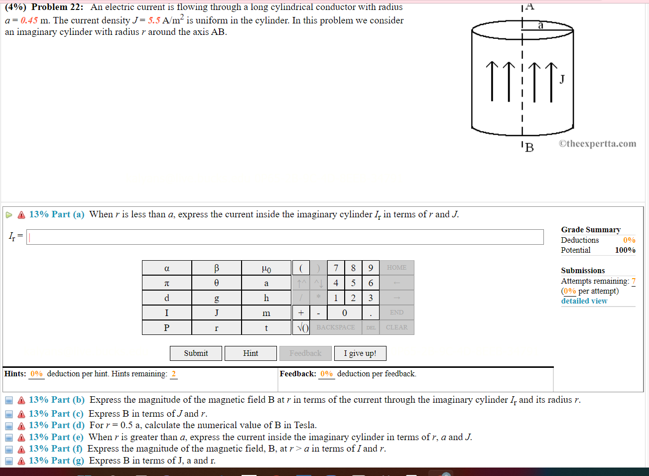 Solved (4\%) Problem 22: An electric current is flowing | Chegg.com