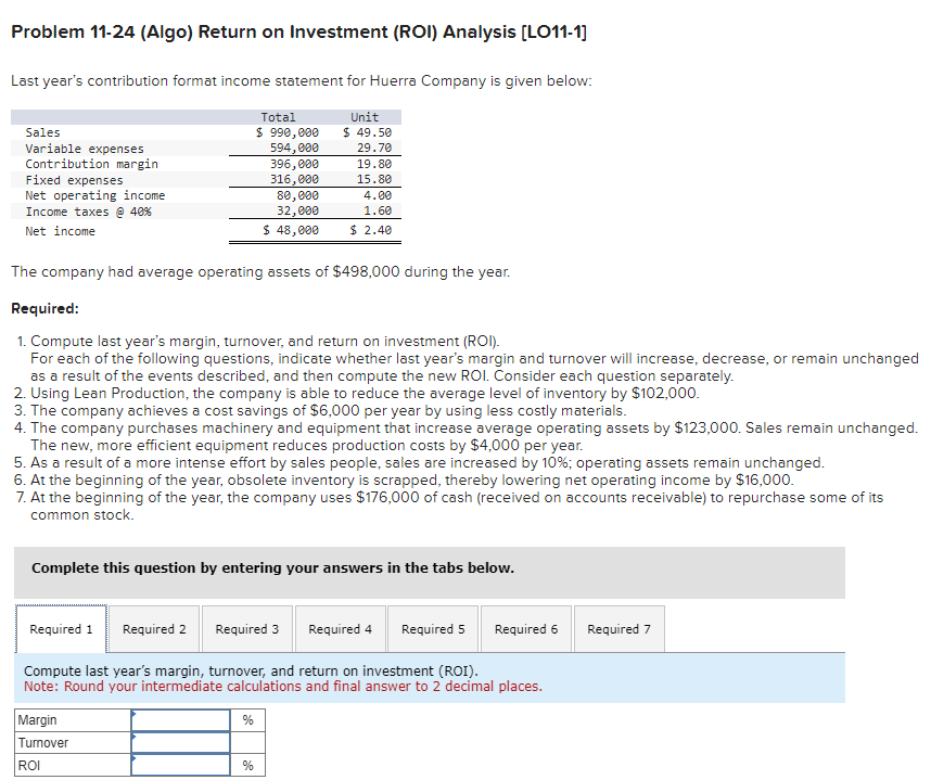 Problem 11-24 (Algo) Return on Investment (ROI) | Chegg.com