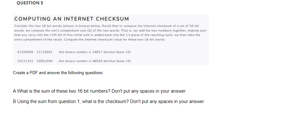 QUESTIONS COMPUTING AN INTERNET CHECKSUM Consider the | Chegg.com