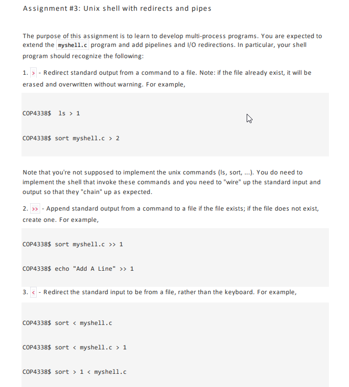 Assignment #3: Unix shell with redirects and pipes | Chegg.com