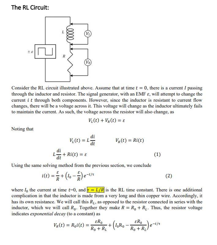 Solved The RL Circuit: llll (VL) +8 R (VR) Consider the RL | Chegg.com